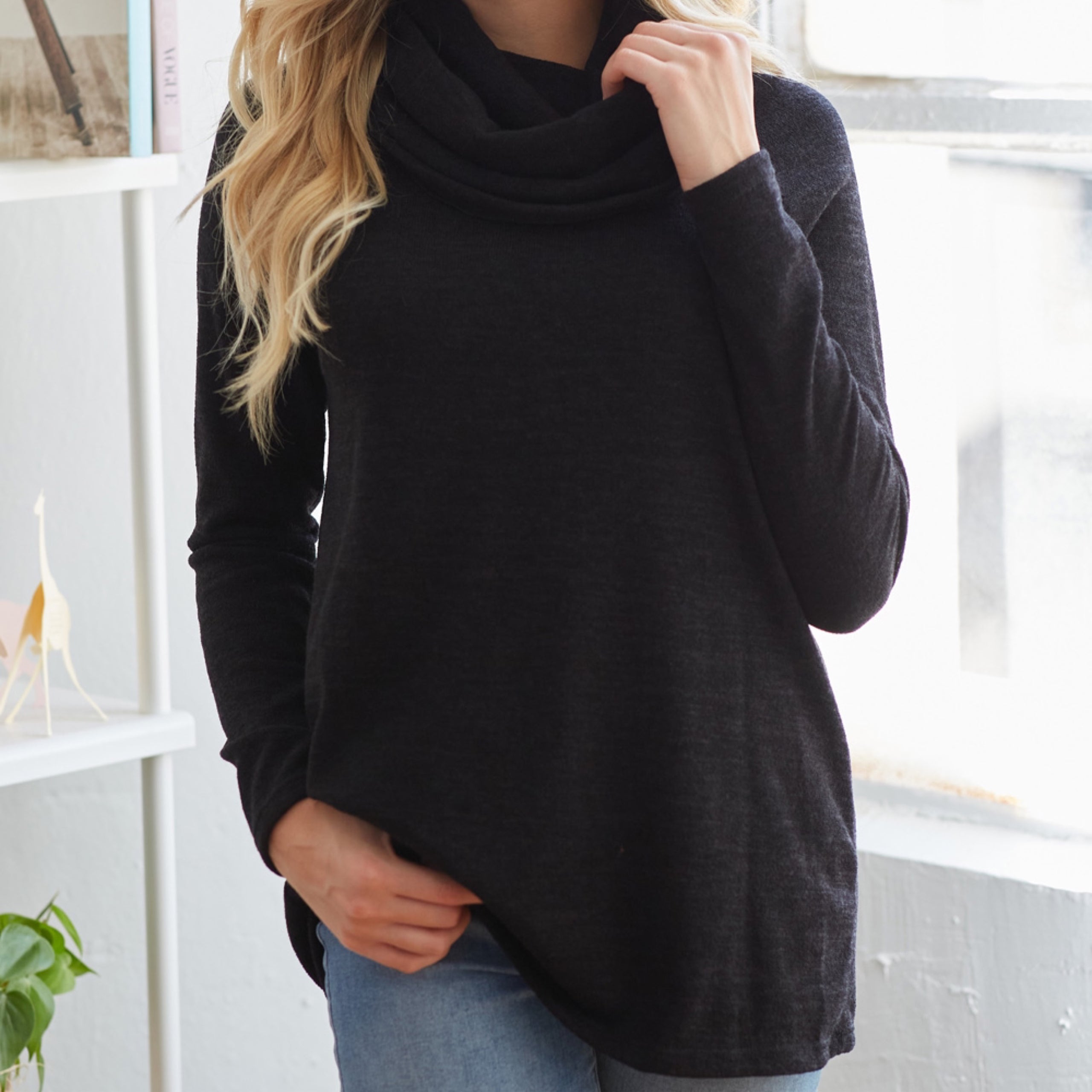 Cowl Neck Long Sleeve Sweater - Black | MK Boutique